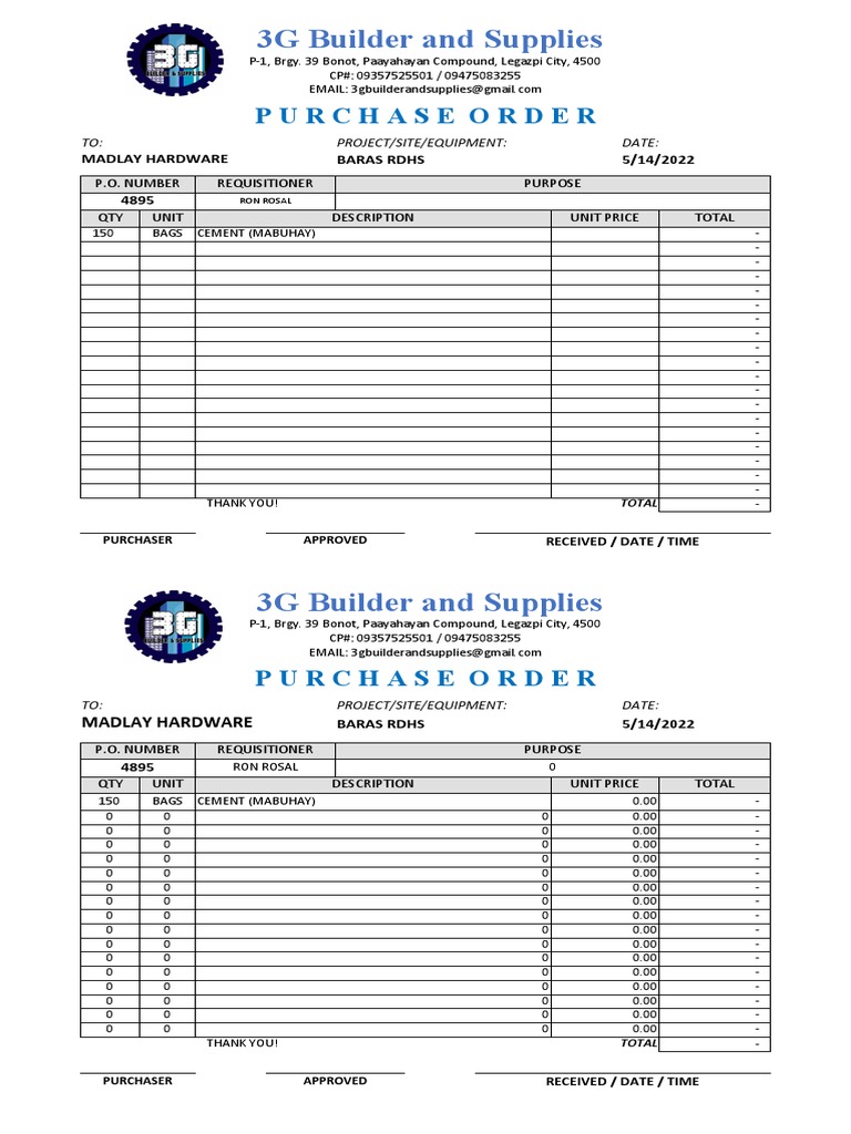 Purchase Order from 3G Builder and Supplies for 150 Bags of Cement for ...