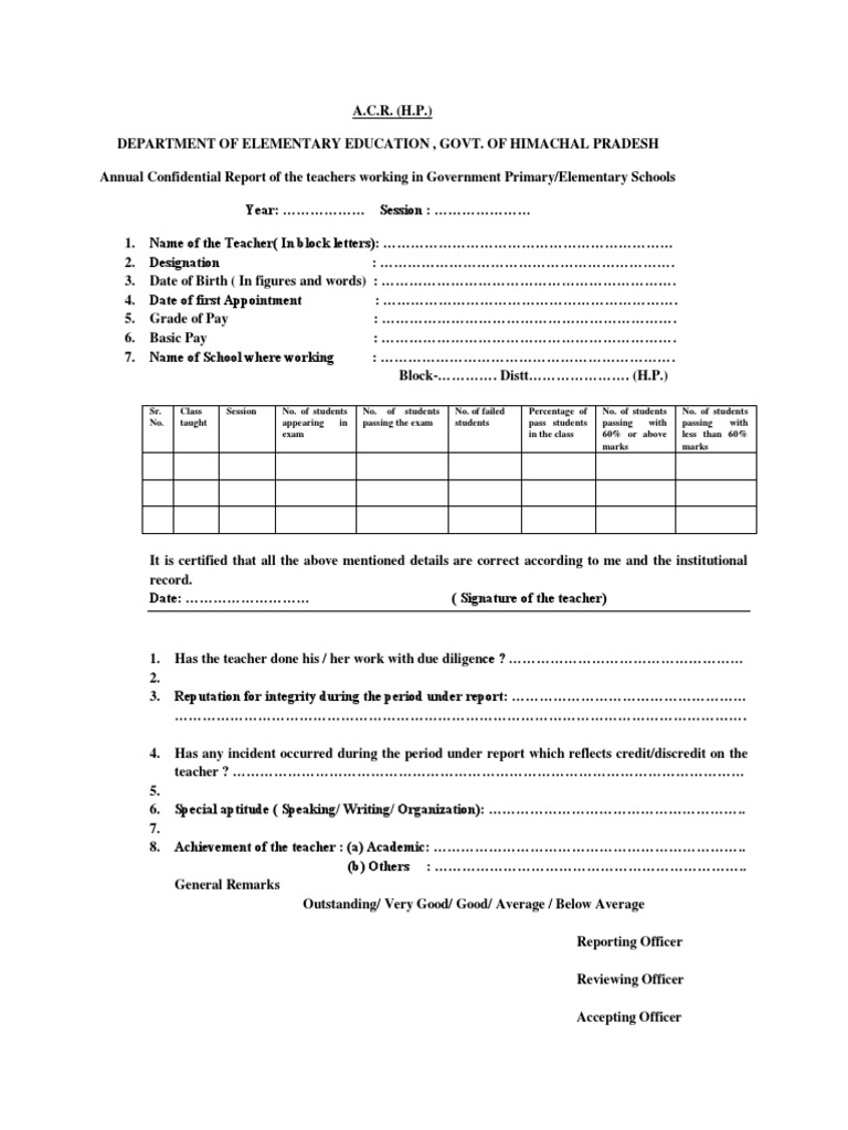 Toaz - Info Acr Form For Primary Teachers of HP by Vijay Kumar Heer PR | PDF | Schools
