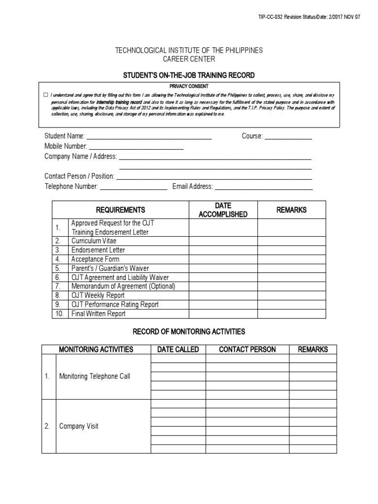 TIP-CC-032 Students OJT Record | PDF | Information Privacy | Privacy