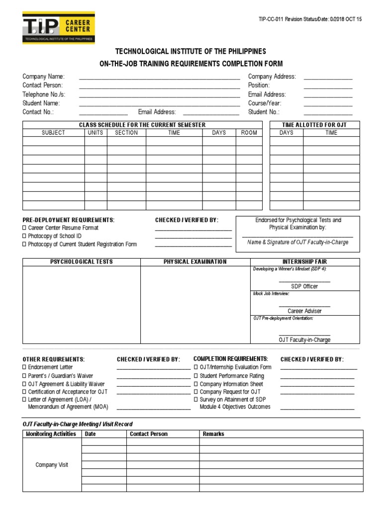 Tip-Cc-011 On-The-Job Training Requirements Completion Form | PDF