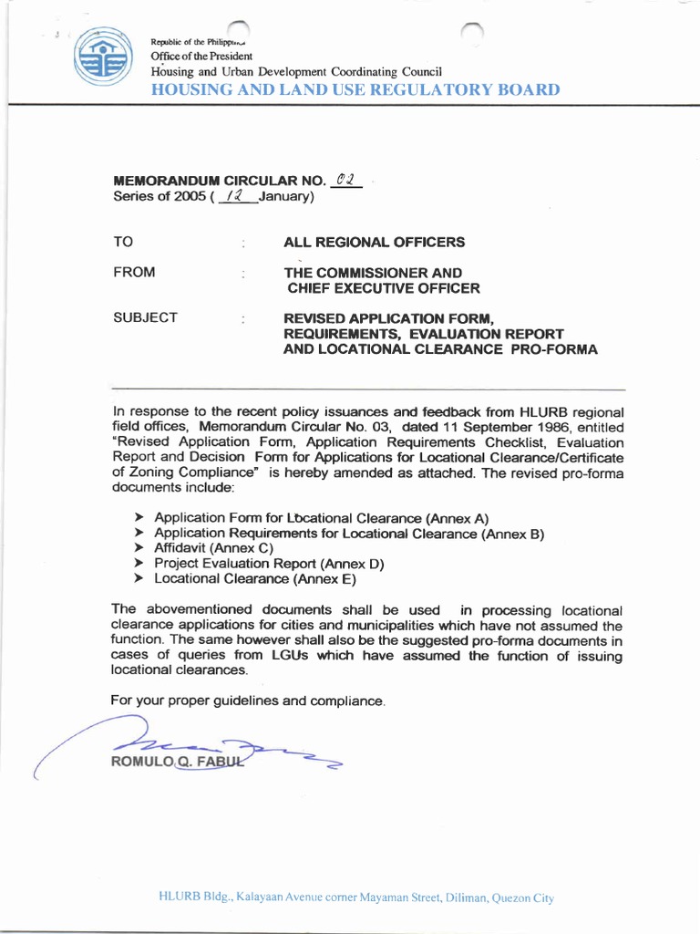 MC-05-02 Revised Application Form Requirements Evaluation Report and Locational Clearance Pro ...
