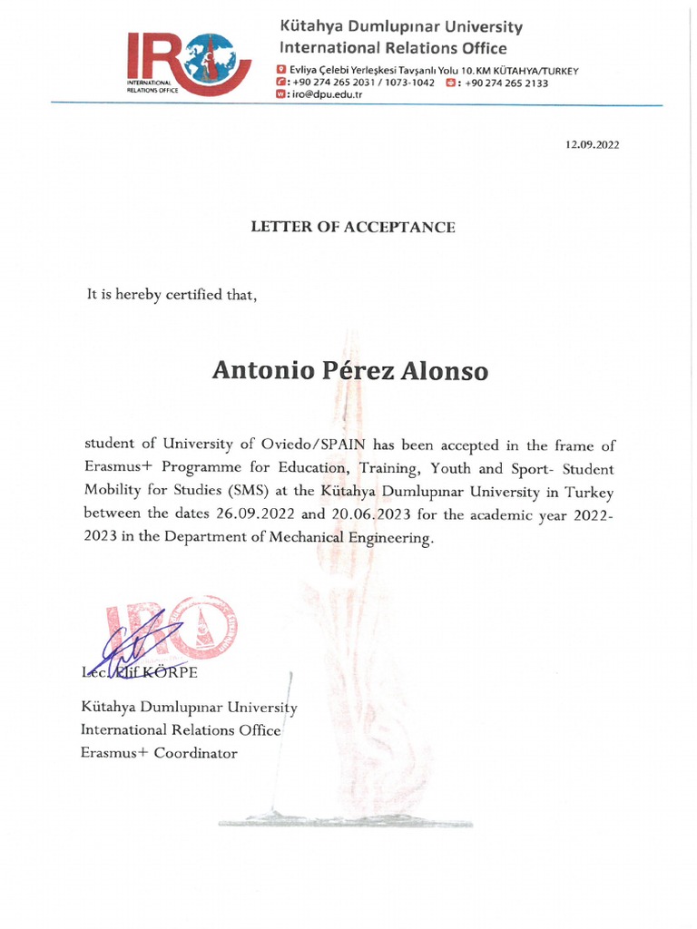 Invitation Letter Kutahya Dumlupinar University | PDF