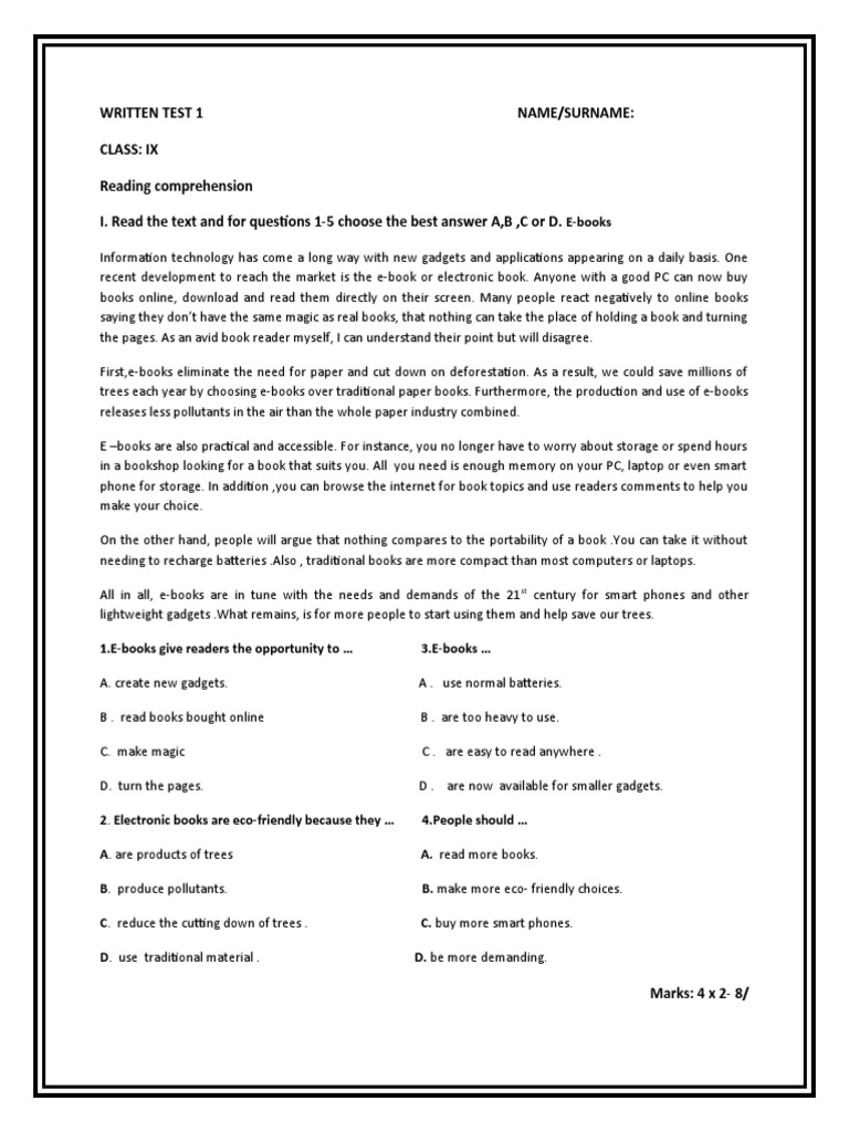 Class 9 Test 1 | PDF | Books | Computing