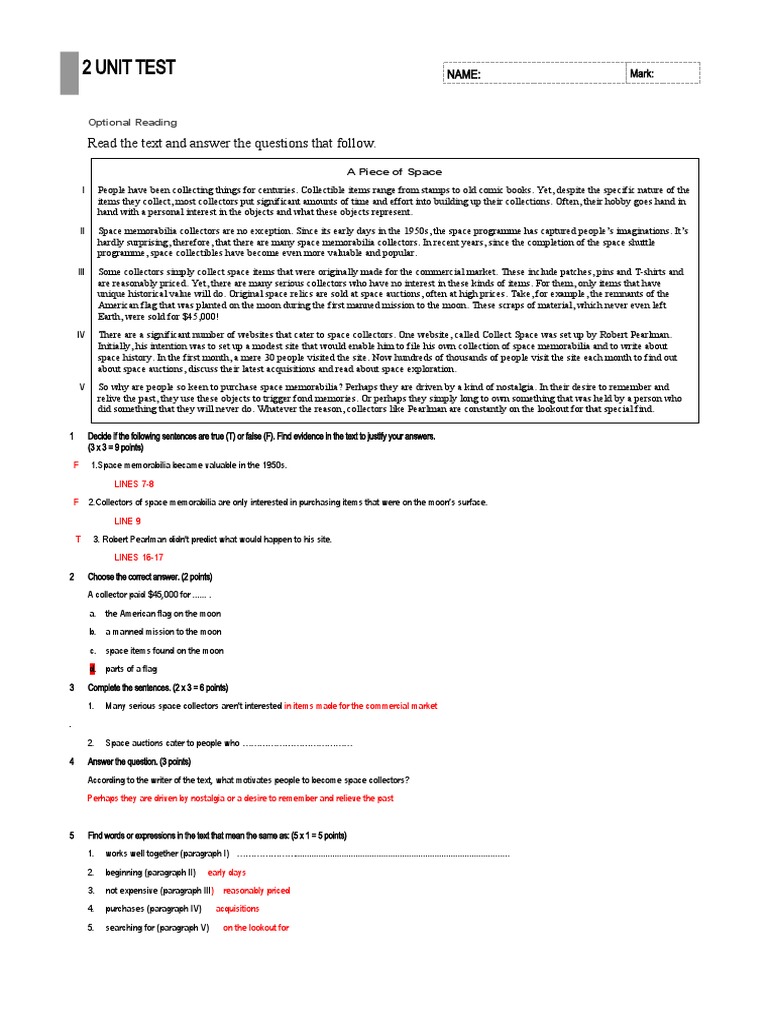 Reading Unit 2 LE2 - AIO - UT2-OR | PDF | Collectable | Space