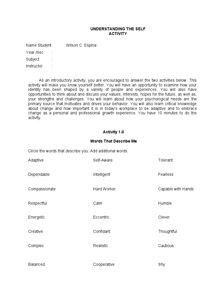 UNDERSTANDING THE SELF-activity | PDF | Cognitive Science ...