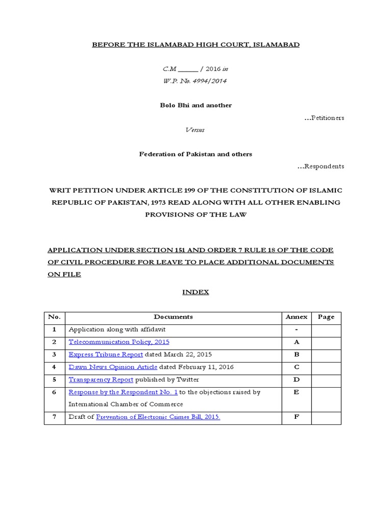 Bolo Bhi Application For Additional Docs | PDF | Justice | Crime & Violence