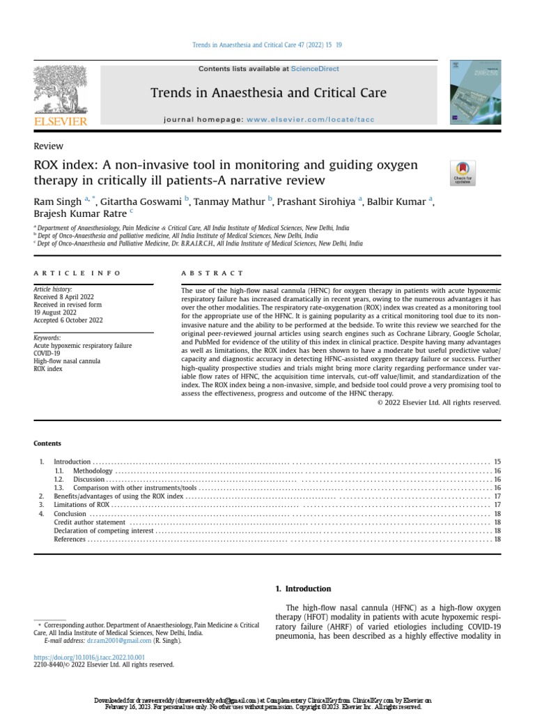 ROX index A non-invasive tool in monitoring and guiding oxygen therapy ...