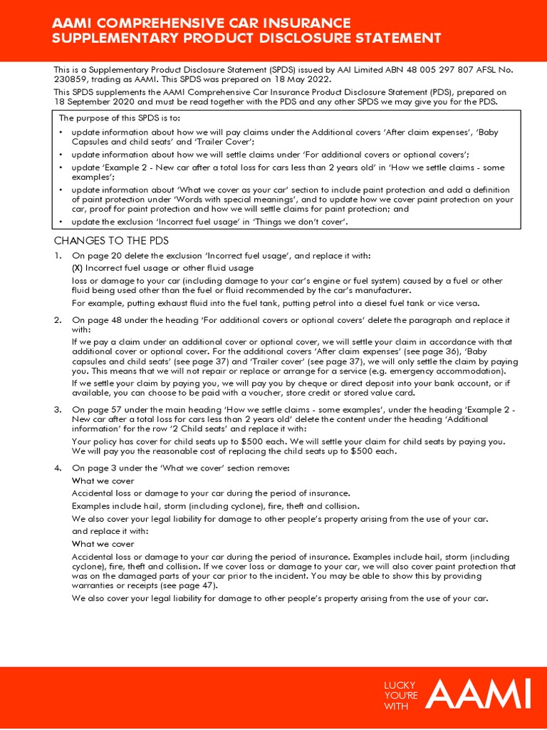 Additional AAMI Car Supplementary PDS | PDF | Insurance | Private Law