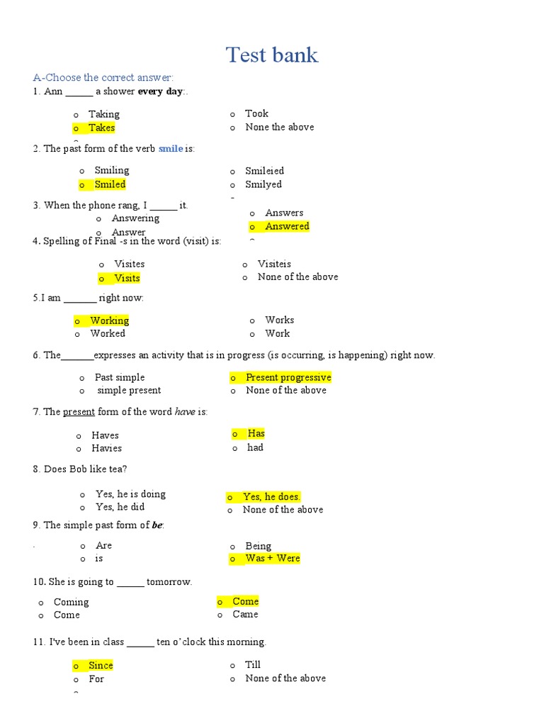 English Grammar Test Bank Questions | PDF | Verb | Noun
