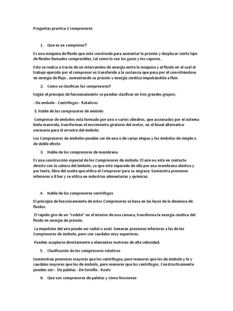 Preguntas Practica 2 Compresores | PDF | Rodamiento (Mecánico) | Pistón