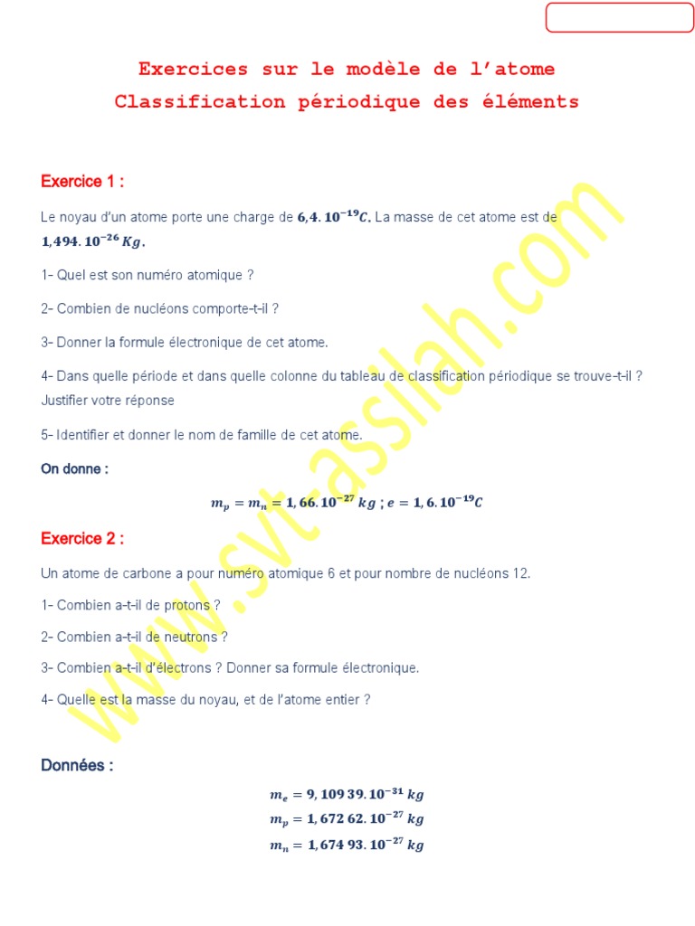 Série 6 Avec Corr TC Le Modèle d'atome-exercices-FR (WWW - Pc1.ma) | PDF | Ion | Noyau atomique