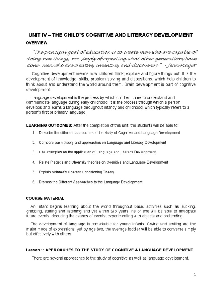 Unit 4 - Cognitive & Literacy Development | PDF | Schema (Psychology) | Language Development