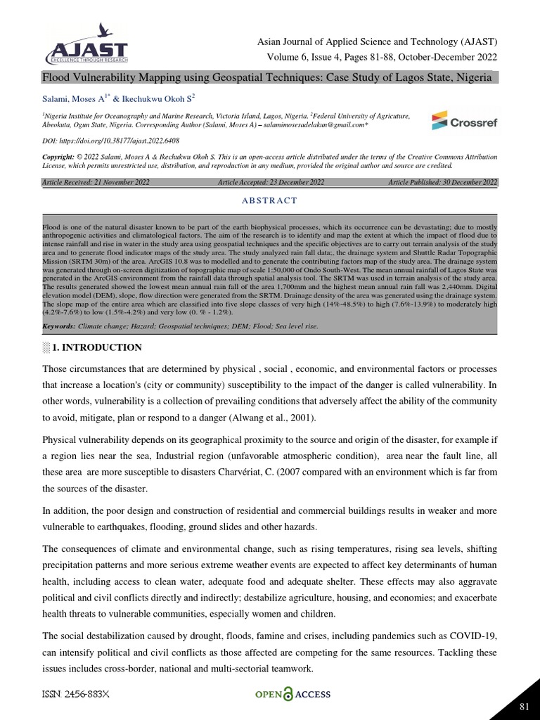 Flood Vulnerability Mapping Using Geospatial Techniques: Case Study of Lagos State, Nigeria | PDF