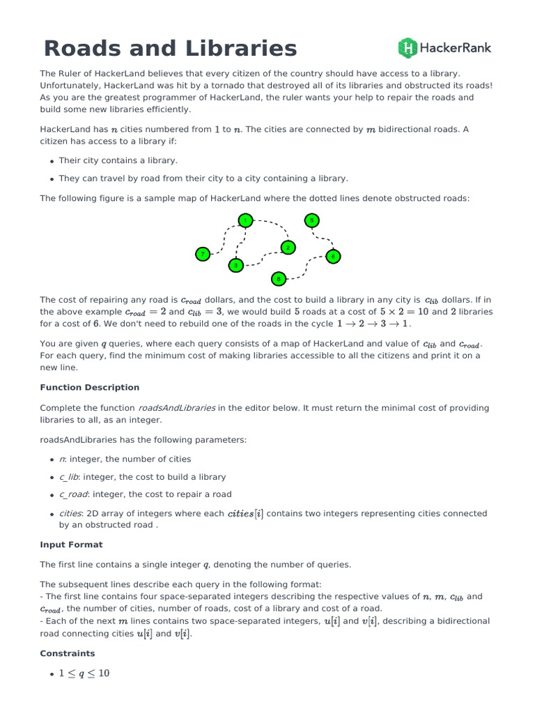 Minimum Cost Algorithm for Repairing Roads and Building Libraries in HackerLand After a Natural ...