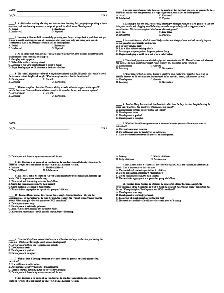 Child Development Quiz Questions | PDF | Adolescence | Cognition