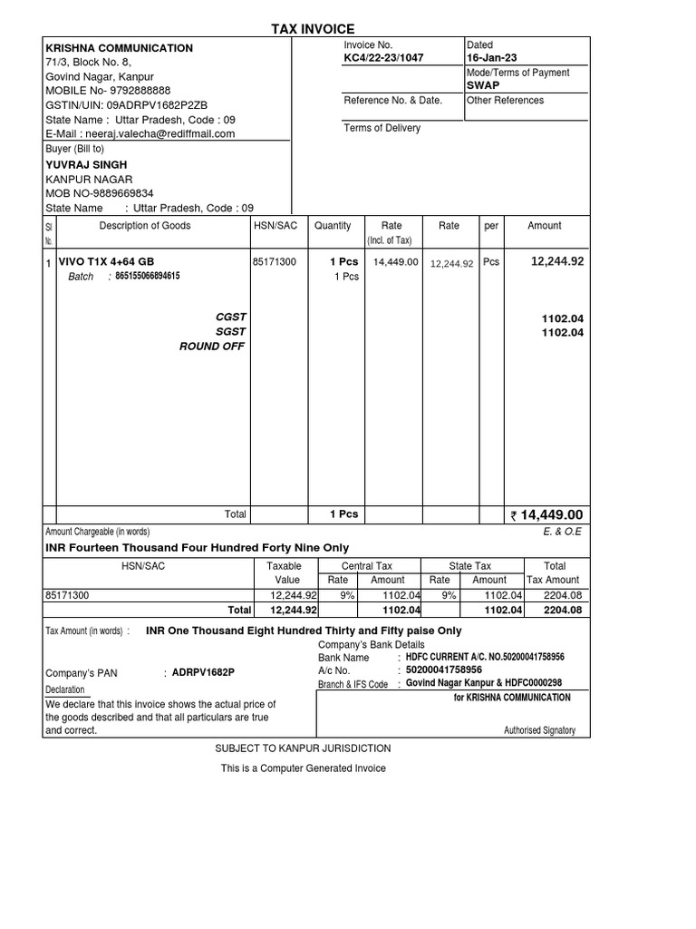 Tax Invoice: Krishna Communication KC4/22-23/1047 16-Jan-23 Swap | PDF | Taxes | Invoice