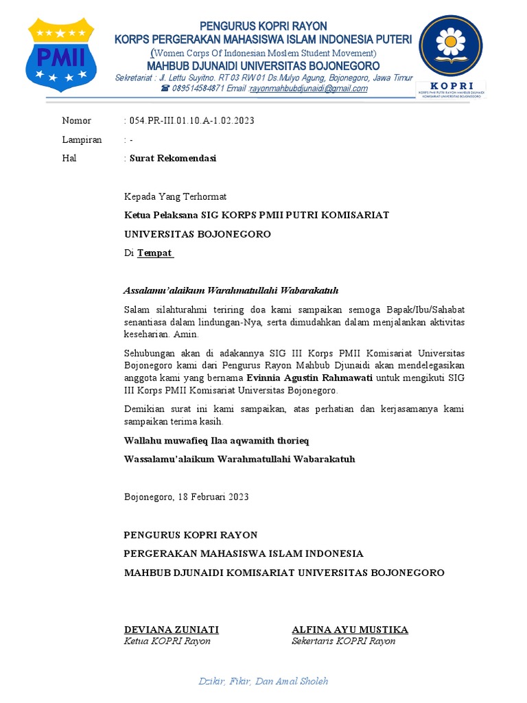 Surat Rekomendasi PMII Universitas Bojonegoro | PDF