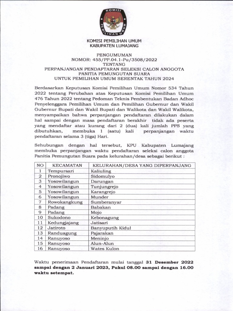 Perpanjangan Pendaftaran Seleksi Calon Anggota Panitia Pemungutan Suara