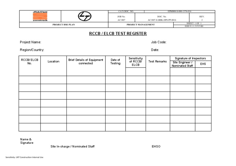 Am 9.1.1.3 f15 RCCB, Elcb Test Register | PDF | Technology & Engineering