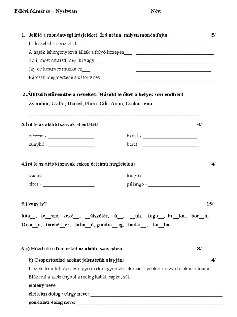 Félévi Felmérés - Nyelvtan 3.o-Javított | PDF