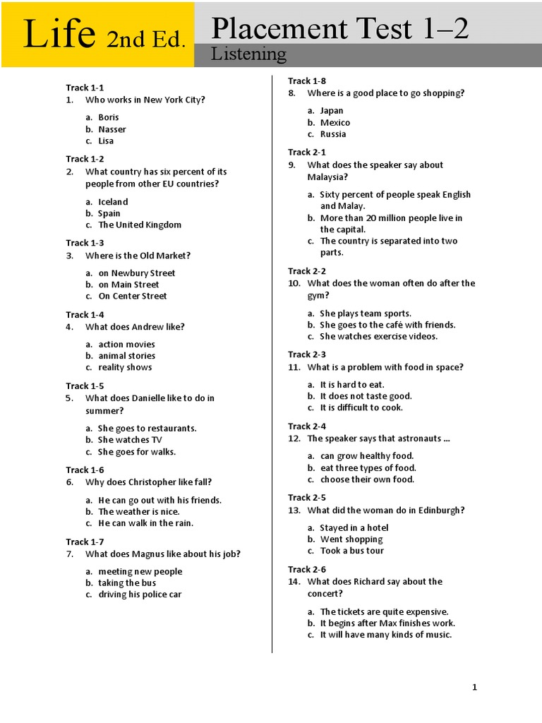 Life 2e Placement Test Level 1-2 Listening | PDF