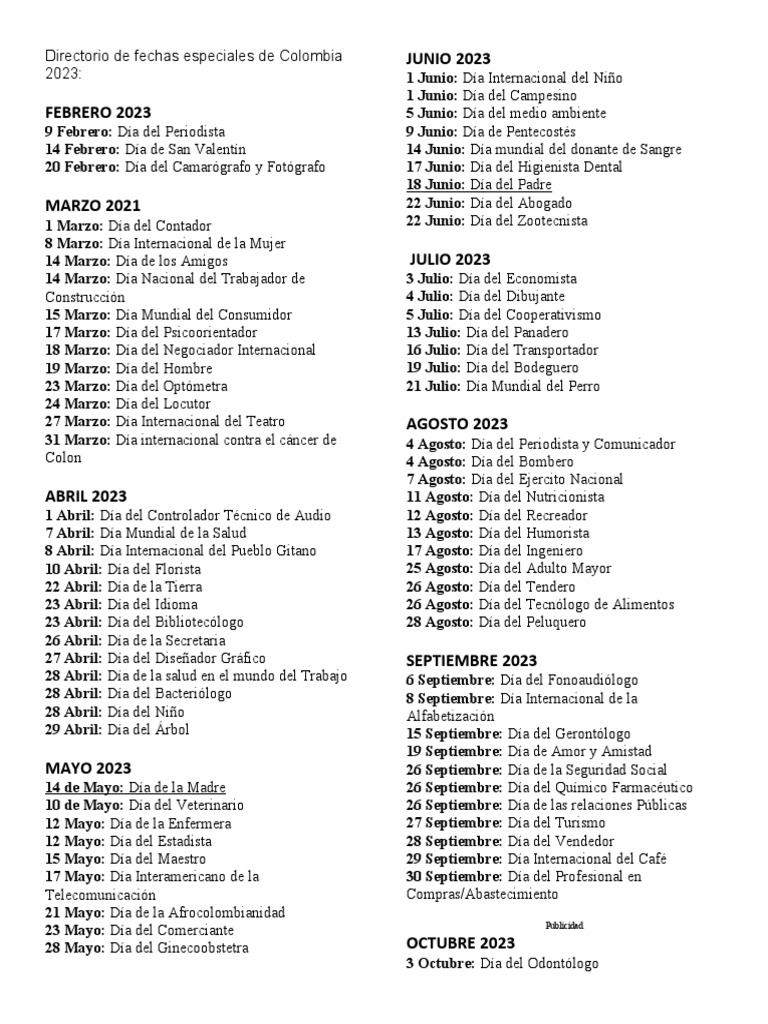 Directorio de Fechas Especiales de Colombia 2023 | PDF | Viajes y turismo