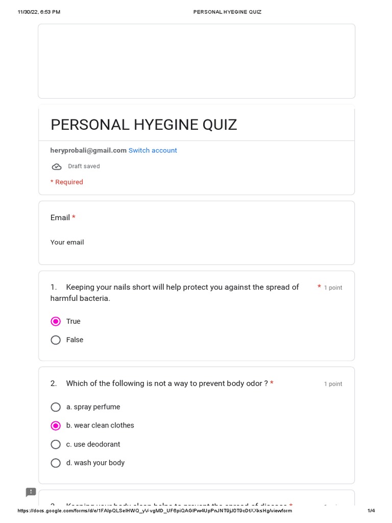 Personal Hyegine Quiz | PDF | Hygiene | Medicine