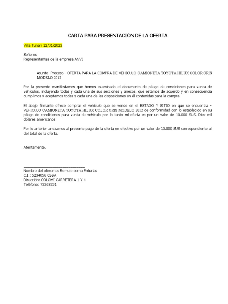 Formato de Carta de Presentacion de La Oferta | PDF