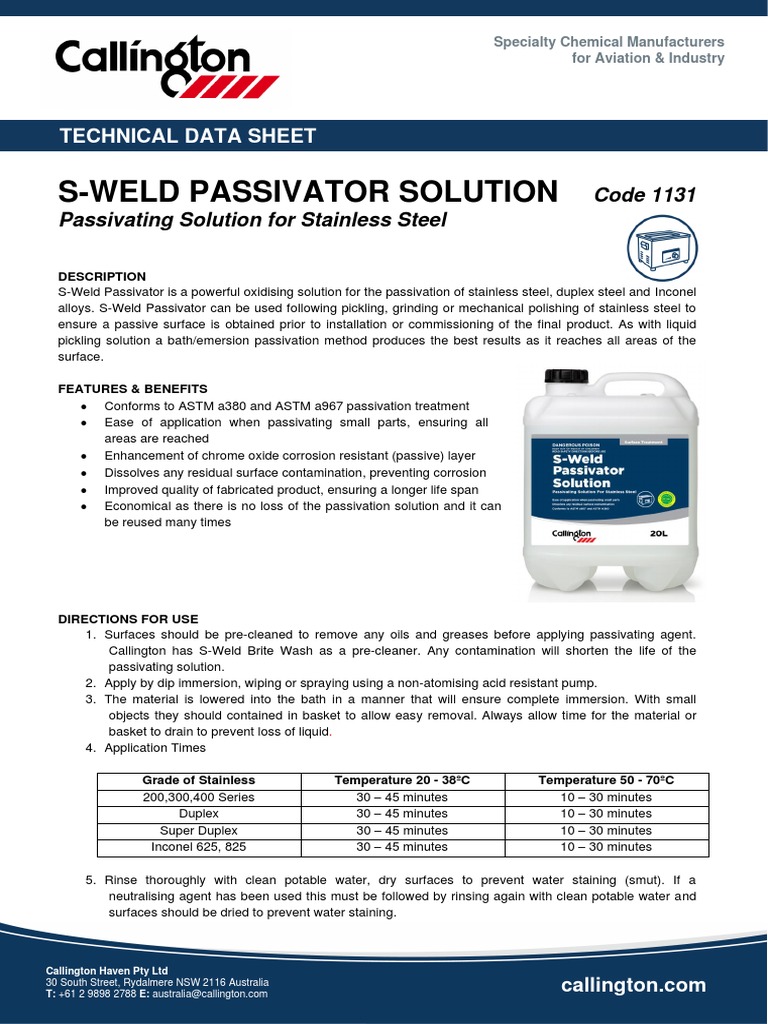 S Weld Passivator Solution TDS | PDF | Stainless Steel | Metals