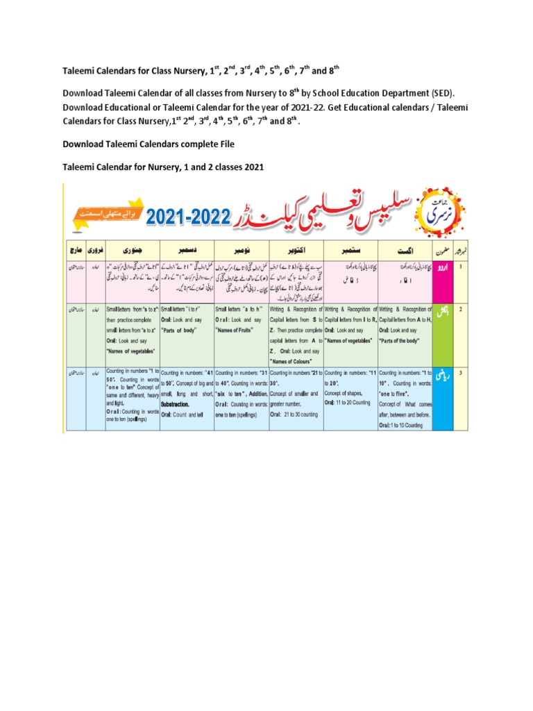 Taleemi Calendar for Classes Nursery-8 | PDF