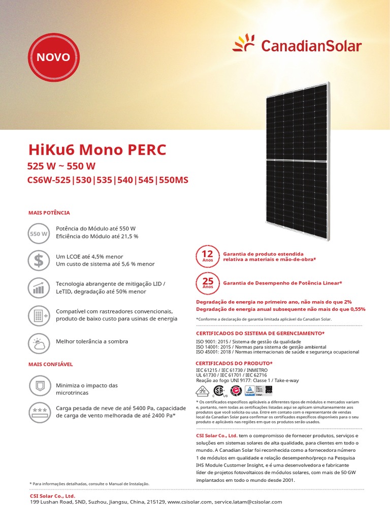 Datasheet Portugues Modulo Fotovoltaico Cs6w 545ms | PDF | Energia ...