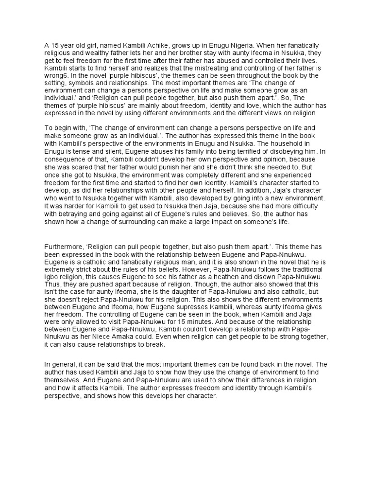 English - Draft Essay Purple Hibiscus 2022-2023 | PDF