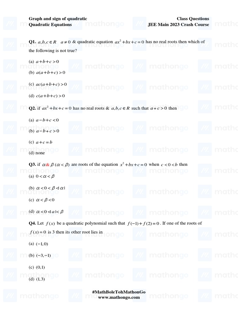 Graph and Sign of Quadratic - Quadratic Equations - Class Question ...