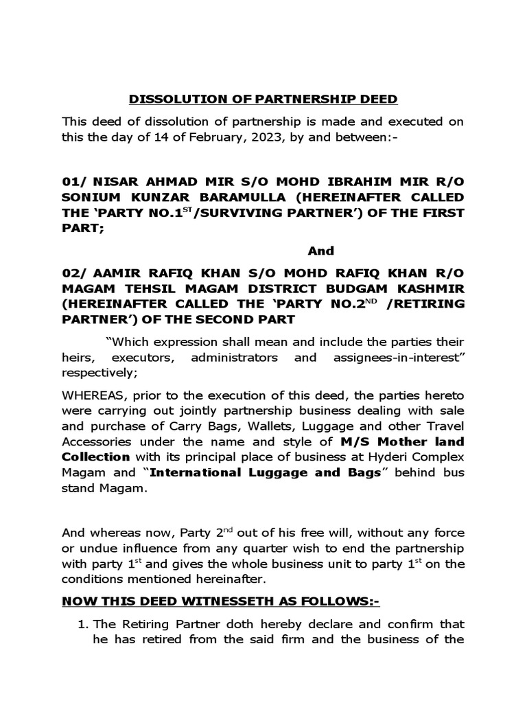 Dissolution of Partnership | PDF | Partnership | Deed
