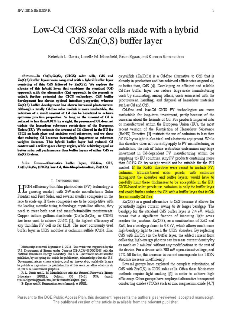 Low-Cd Cigs Solar Cells Made With A Hybrid CDS/ZN (O, S) Buffer Layer ...
