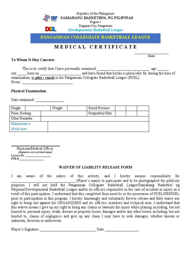 PCBL Form Medical Cert and Waiver | PDF | Clinical Medicine | Health Care