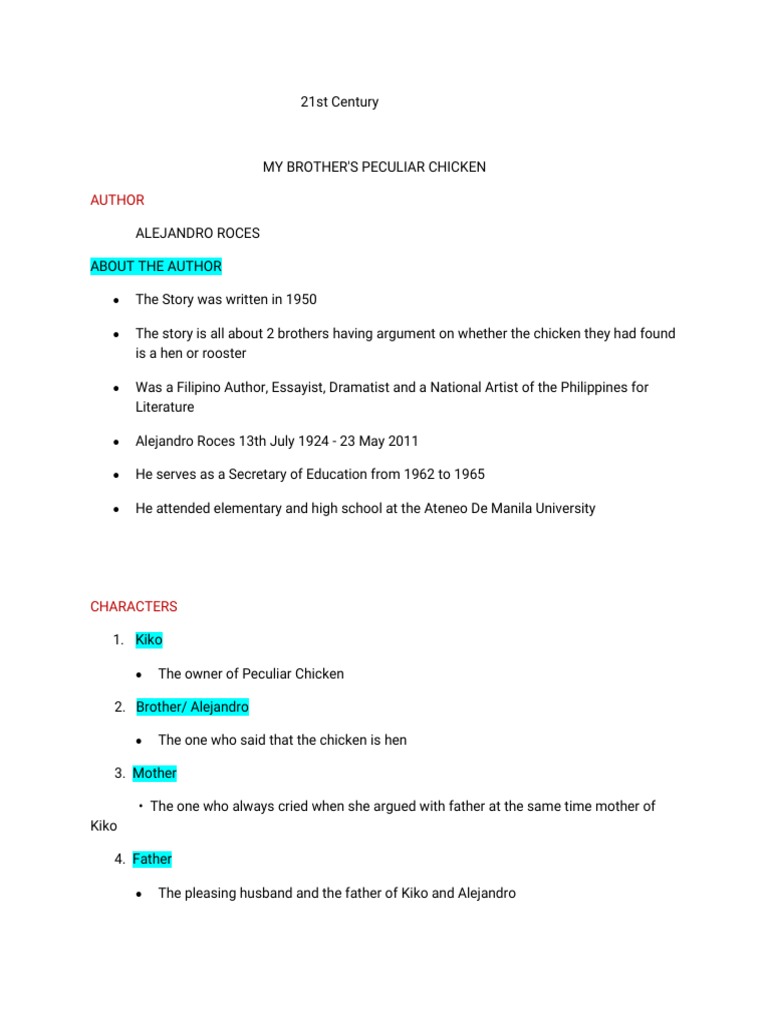 My Brother's Peculiar Chicken Summary | PDF | Chicken