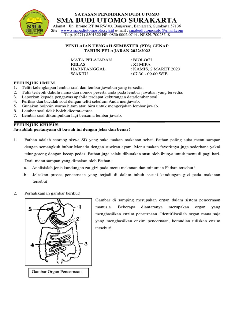 Soal Biologi Xi PTS Genap 22-23 | PDF