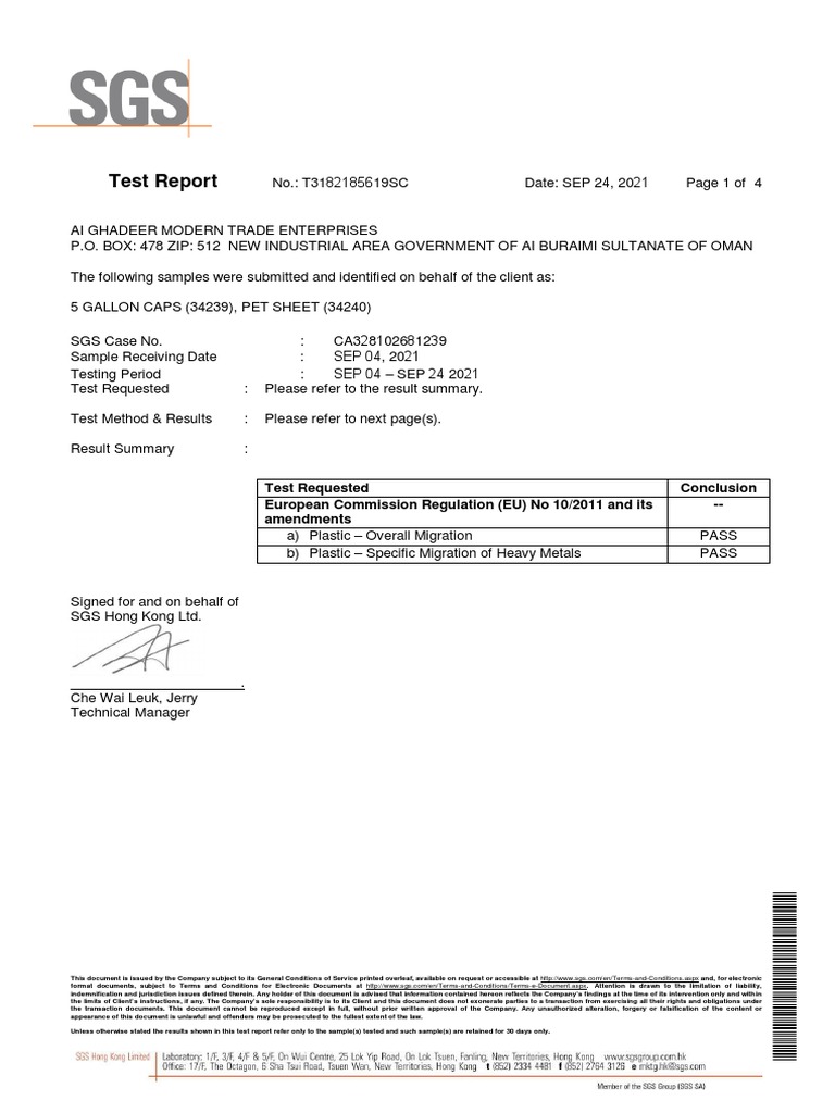 SGS Test Report on Plastic Migration | PDF | Chemistry | Materials