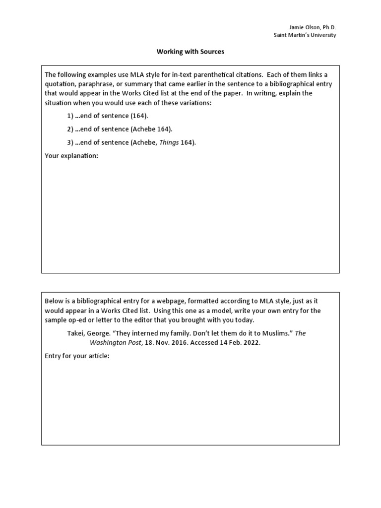 Worksheet Working With Sources | PDF | Citation | Writing