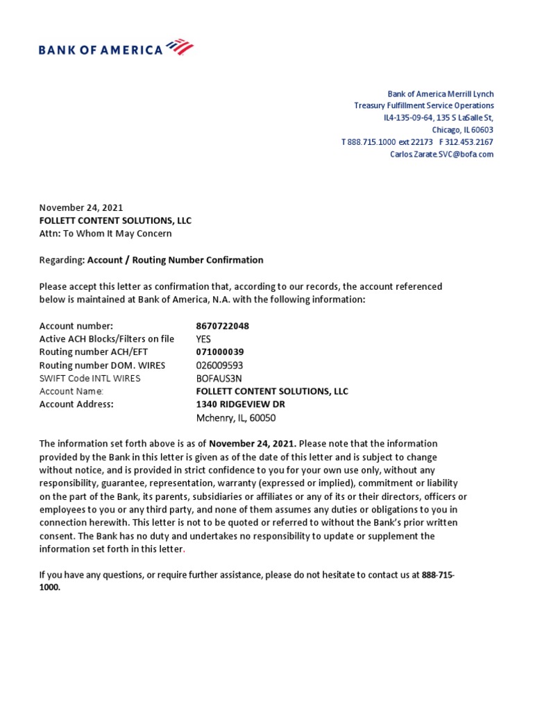 Transferencia Follett y Titlewave Bank Information | PDF | Banks | Bank Of America