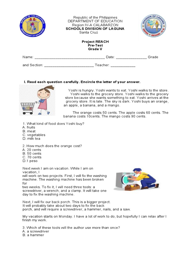 PROJECT REACH Pretest Grade 5 | PDF | Rainbow