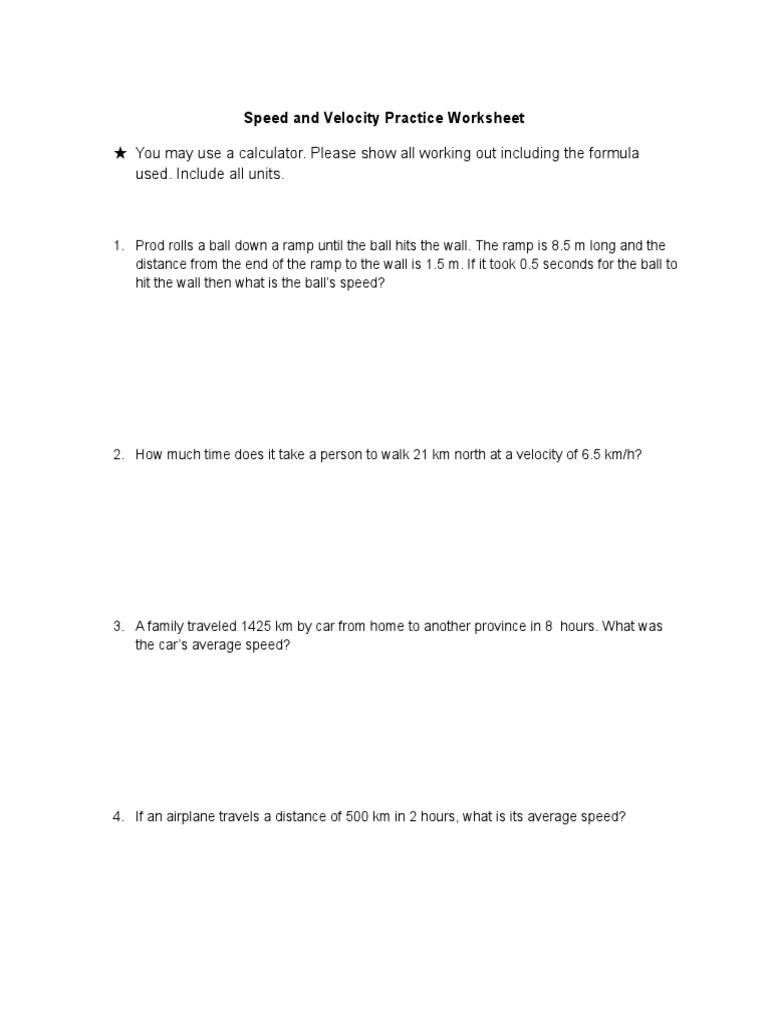 Speed and Velocity Practice Worksheet | PDF