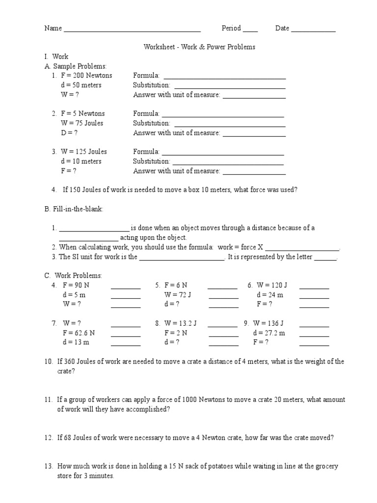 Work and Power Worksheet | PDF | Force | Quantity