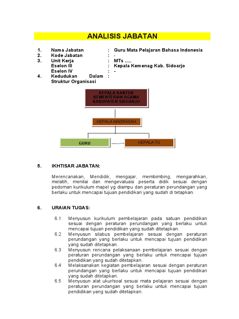 Anjab Guru Bahasa Indonesia Contoh | PDF