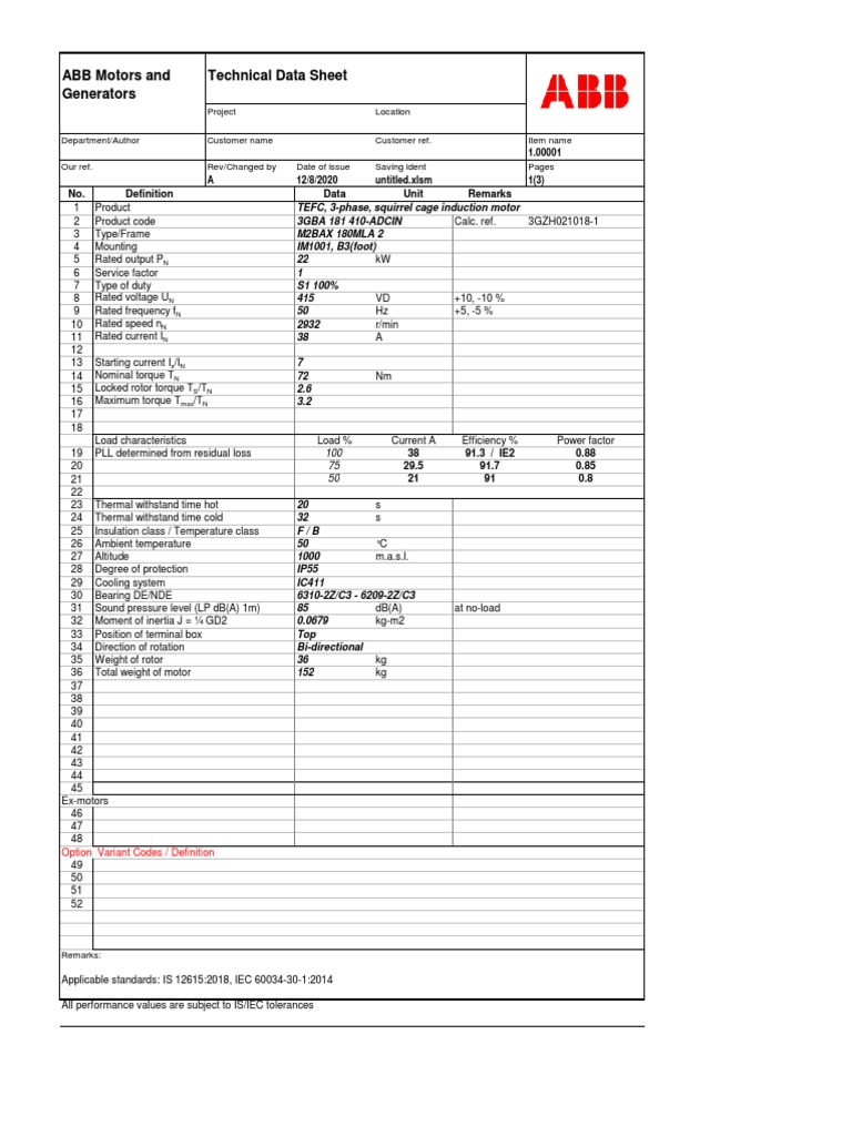 ABB Motors and Technical Data Sheet Generators: No. Data Unit Remarks | PDF | Electric Motor ...