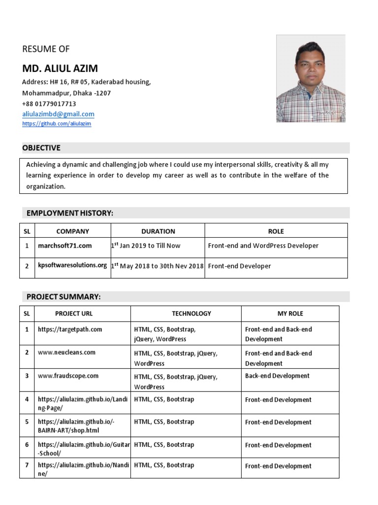 Resume of Aliul Azim | PDF | Bootstrap (Front End Framework) | J Query