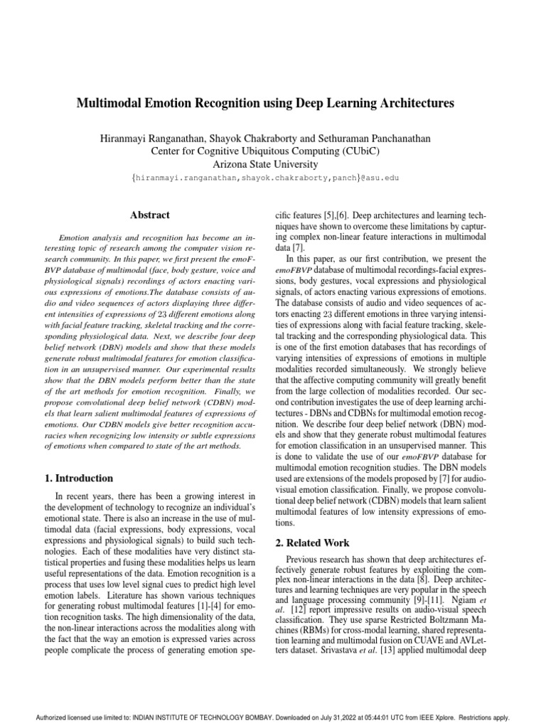 Multimodal Emotion Recognition Using Deep Learning Architectures | PDF ... Multimodal Emotion Recognition Using Deep Learning Architectures | PDF ...