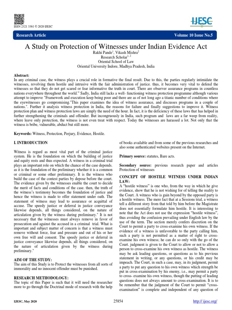 .A Study On Protection of Witnesses Under Indian Evidence Act | PDF ...