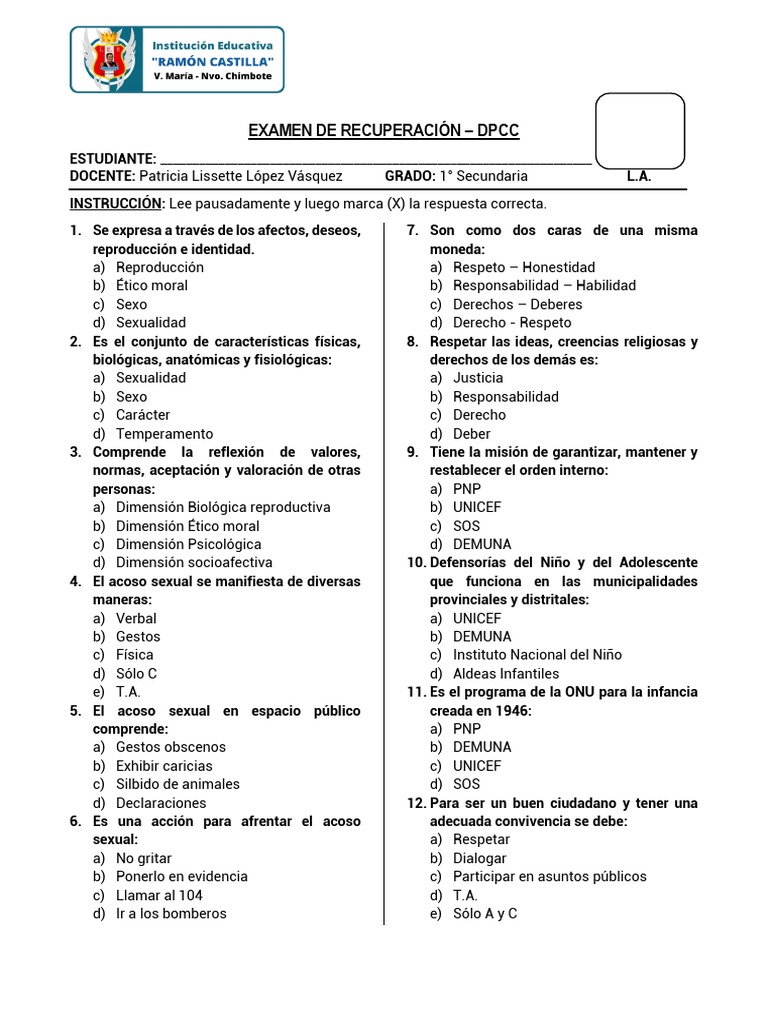 Examen de Recuperación - DPCC 1° Sec | Descargar gratis PDF | Sexualidad